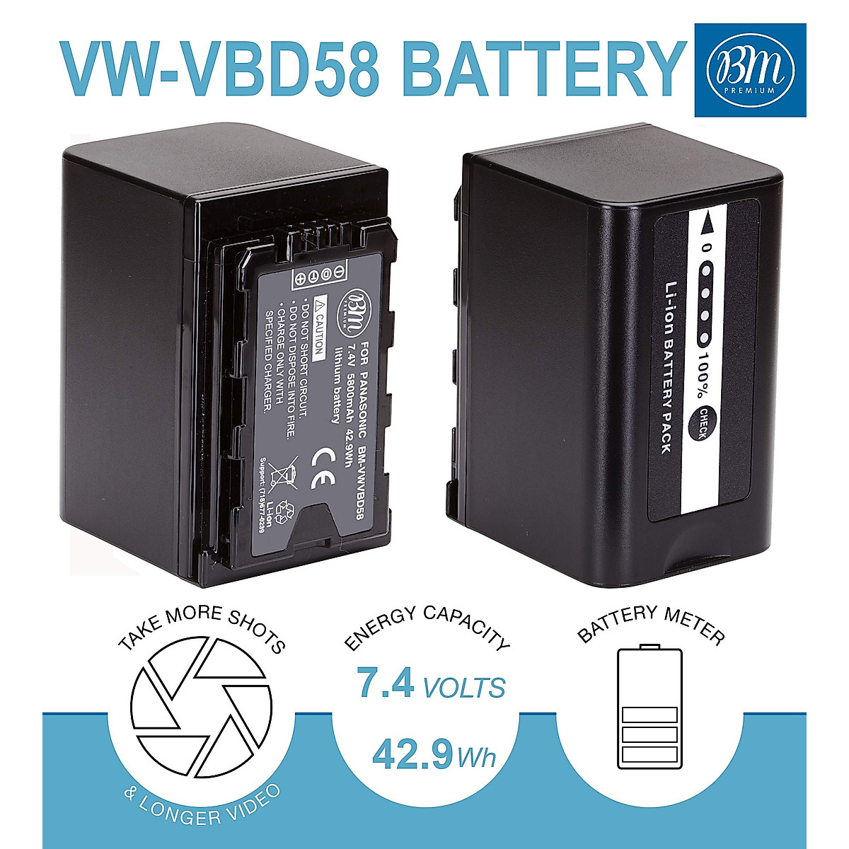 BM Premium VW-VBD58 Battery and Charger for Panasonic AG-VBR59, BGH1, HC-X1, HC-X1500, HC-X2000, AG-CX10, AG-CX350, AG-UX180, AG-AC30, AG-UX90, AG-DVX200, HC-MDH3E, AJ-PX270, AJ-PX230 Camcorders