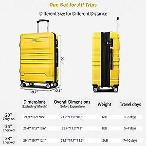 Merax Luggage Sets 3 Piece Suitcase, Hardside Suit case with Spinner Wheels Lightweight TSA Lock, Yellow, 20/24/28 Inch