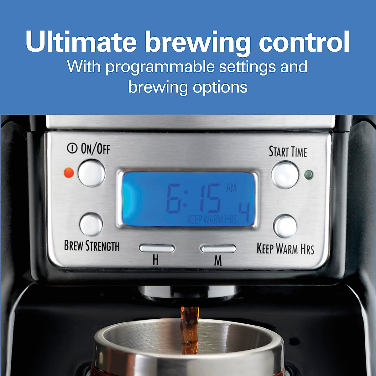 Hamilton Beach One Press Programmable Dispensing Drip Coffee Maker with 12 Cup Internal Brew Pot, Water Reservoir, Black with Chrome (48464)