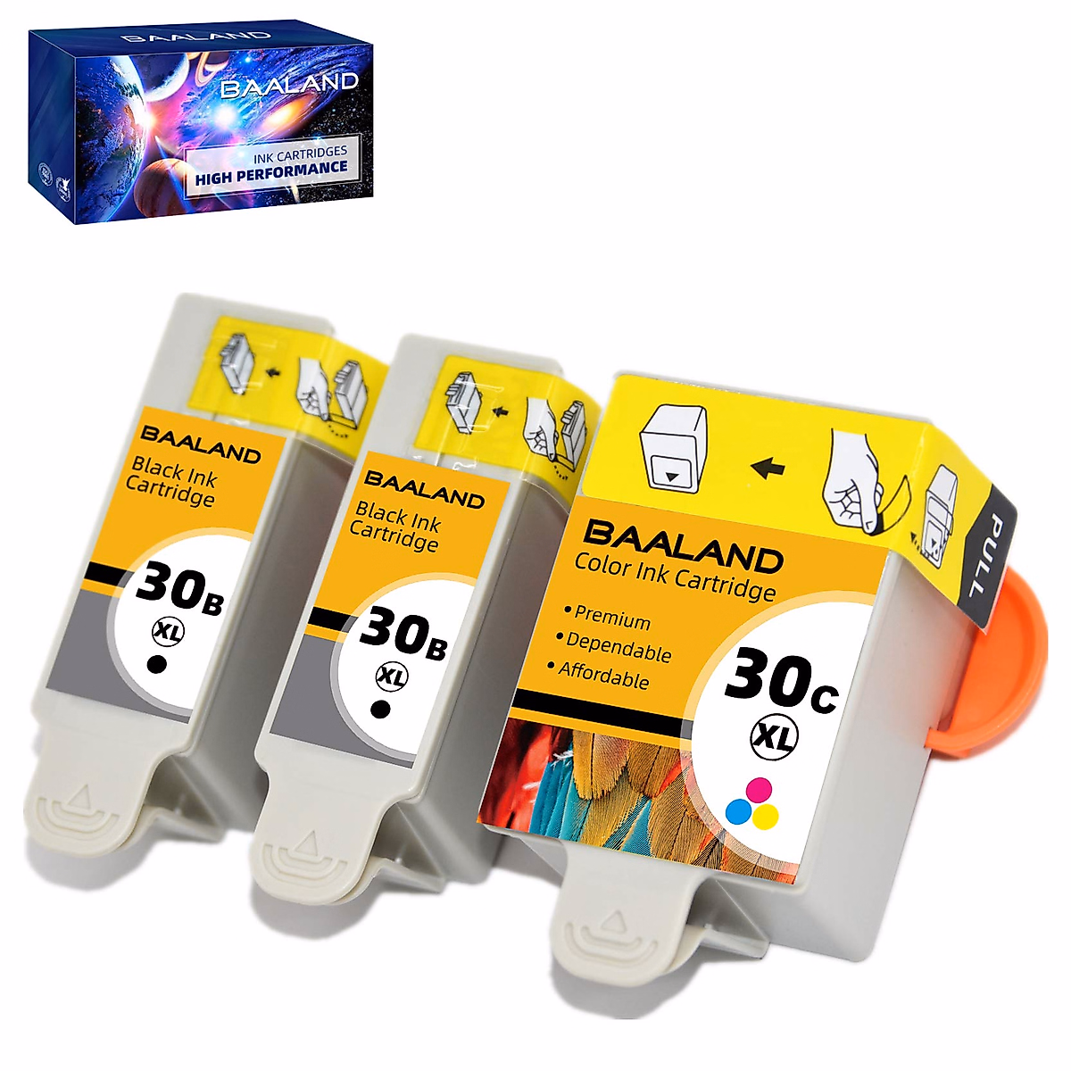 BAALAND Compatible Kodak 30 Ink Cartridges K30XL 30B 30C Black Color Ink Combo Pack (2 Black, 1 Color) for Kodak Printer ESP 3.2 C110 C310 C315 Office 2150 2170 Hero 3.1 5.1 Series