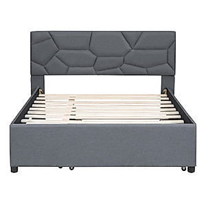 Favfurish Full Size Upholstered Platform Bed with Brick Pattern Headboard and Twin Size Trundle,Bedroom Bed Frame w/Linen Fabric,Wooden Slats Supproted,for Teens Kids,Gray