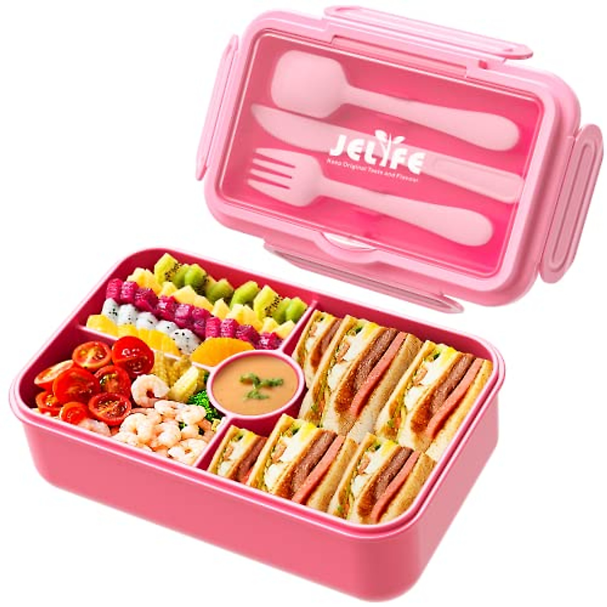 Jelife Kids Lunch Bento Box, Large Bento-Style Leakproof Lunch Boxes 4 Compartments Girls Snack Lunch Containers with Tableware for Back to School, Reusable On-the-Go Meal and Snack Packing, Pink