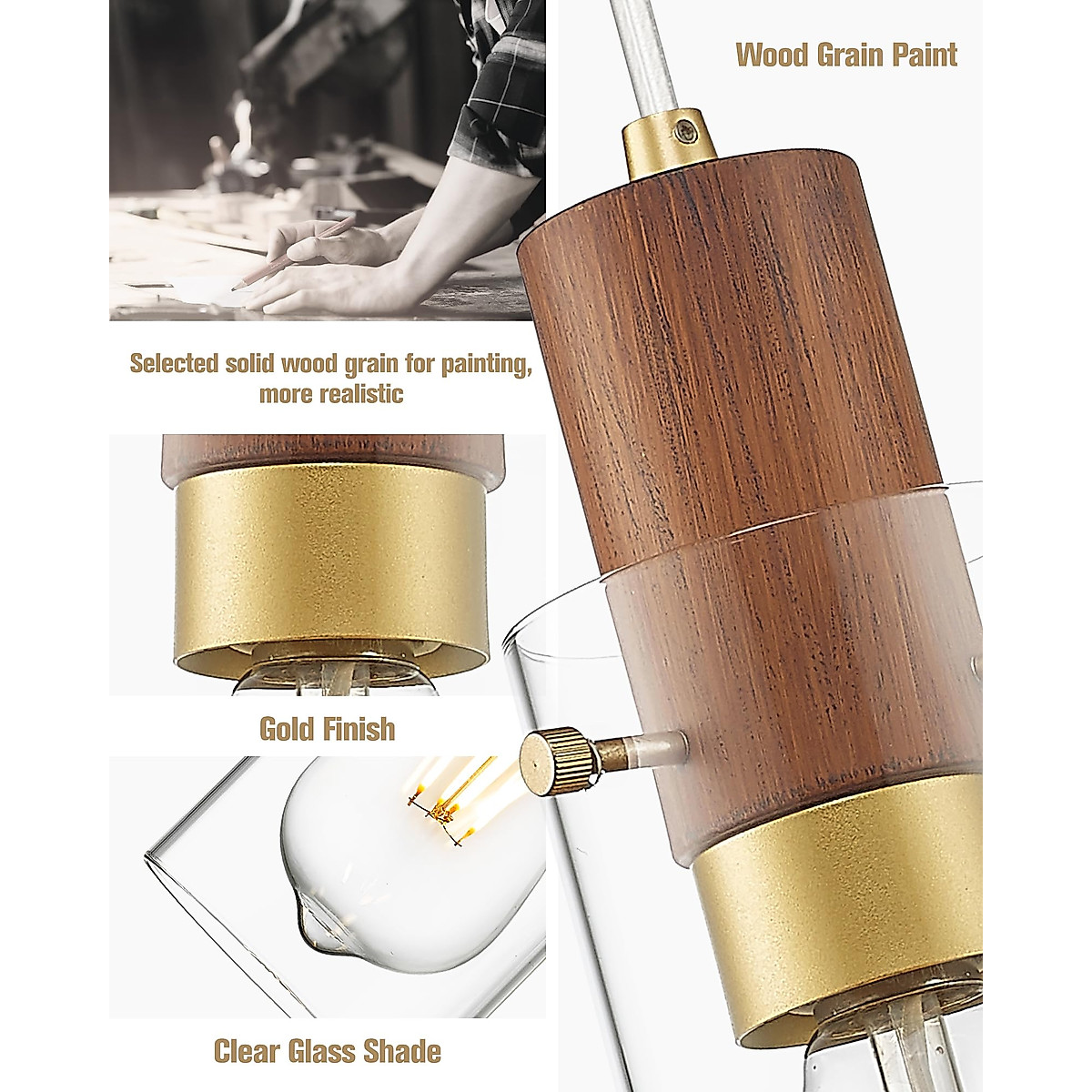 Emak Gold Pendant Light Fixtures, 3-Light Pendant Lights with Clear Glass Shade, Modern Farmhouse Hanging Lights for Kitchen Island, Dining Room, Bathroom, Bedroom, PL120-GD-CL