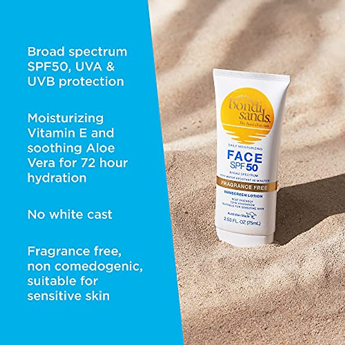 Bondi Sands Fragrance Free Daily Sunscreen Face Lotion SPF 50 | Hydrating UVA + UVB Protection, Non-Greasy, Gentle, Water Resistant | 2.53 Oz/75 mL