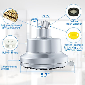 Nuioewe Shower Head, 5.7" Fixed High-Pressure Filtered Shower Heads, 8 Modes, 360°Adjusted, Tool-Free Install, Shower Filter for Hard Water, Remove Harmful & Chlorine, Relaxed Shower (Luxury Chrome)