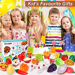 FLY2SKY 60 Pcs Play Food Toys for Kids Kitchen Pretend Play Accessories Cutting Toys Fruits Food Cake Play Set Christmas Birthday Gifts for Girls Boys Toddlers Learning Toys with Storage Bag