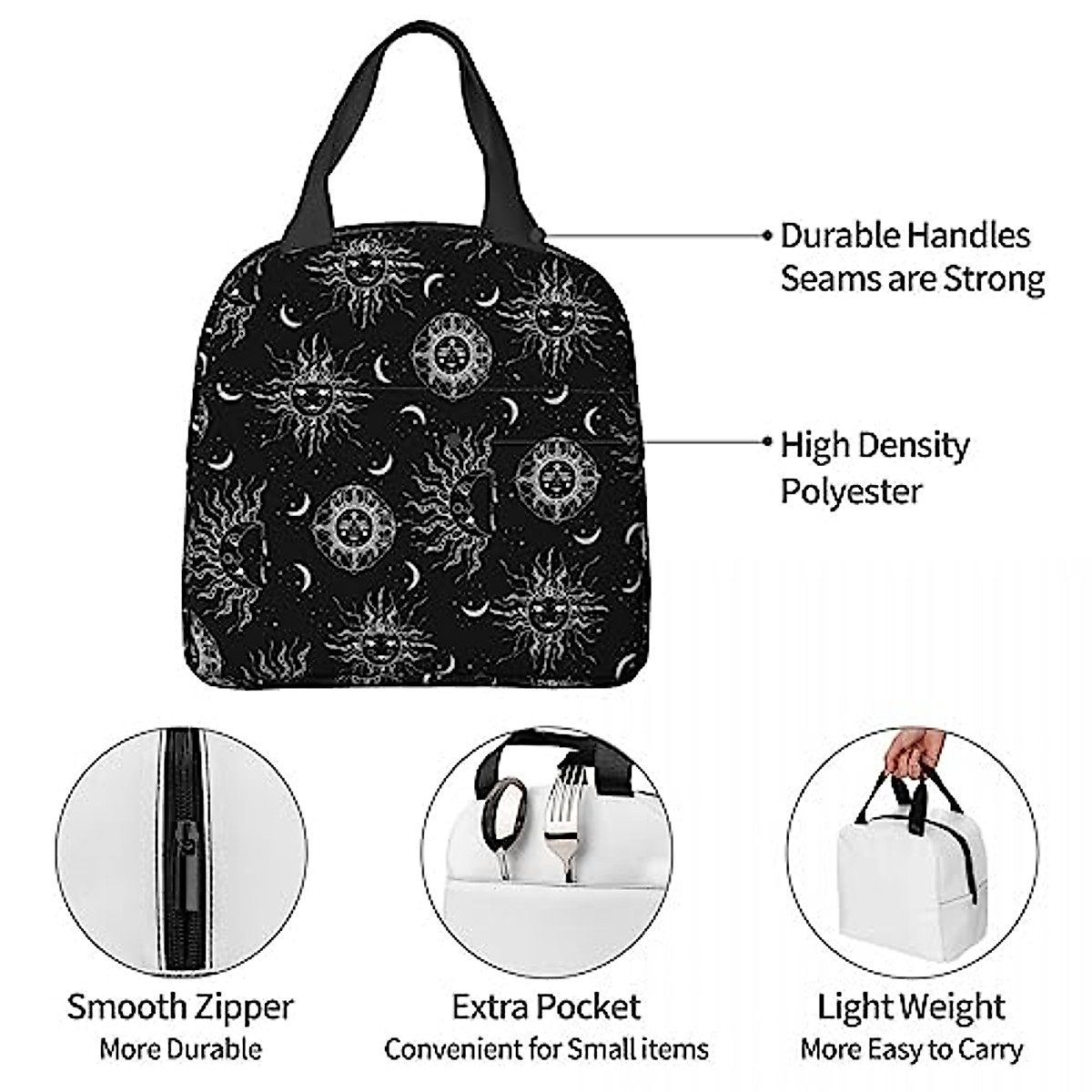 Zminciu Sun And moon Lunch Bag Reusable,With Front Pocket Zipper Closure Leakproof Insulated Lunch Box Cooler Tote Bag Food Container Snack Bag For Men Women Work Travel Picnic