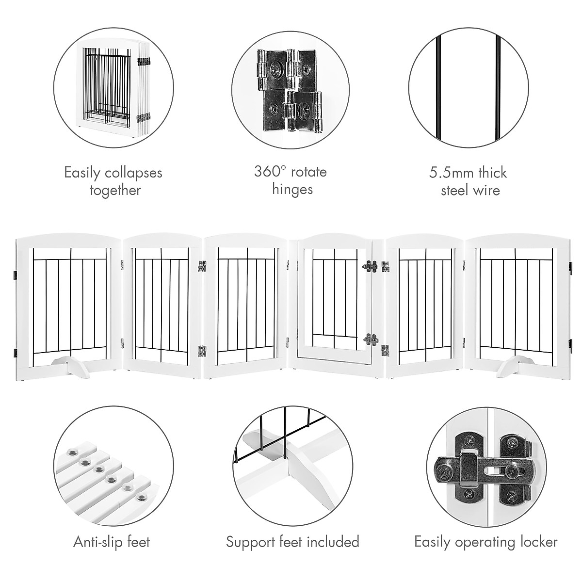 Spirich Extra Wide Dog Gates with Walk Through Door, Wooden Freestanding Pet Gate for Dog, Dog Gate for The House, Doorway, Stairs, 120" Wide Pet Puppy Safety Fence with 6 Panels (White)