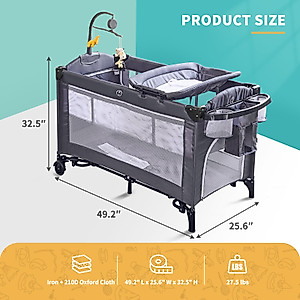 MOOITZ Baby Bassinet Bedside Crib, 6-in-1 Pack and Play with Bassinet, 4 Height Adjustable Bedside Crib, Newborn Portable Bassinet with Wheels, U-Shaped Diaper Table, Music Box & Hanging Toys