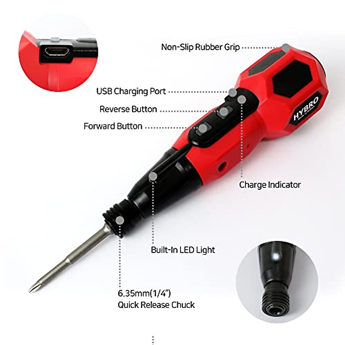 HYBRO Rechargeable Cordless 3.6V Screwdriver Set, Electric and Manual Battery Powered Professional and Home Improvement Tool - Max 10N.m Torque, 4pcs Magnetic Bits, USB Charge, LED Light - H300Q (Red)