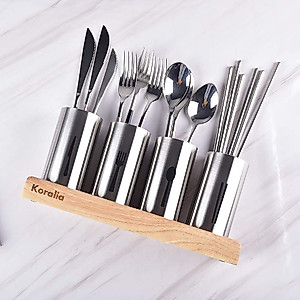 Koralia Home Stainless Steel Flatware & Silverware 3PC 4PC Organizer Organiser Cutlery Holder with Wood Base for Spoons, Forks, Knives – Ideal for Kitchen, Dining, and Much More (4PCS)