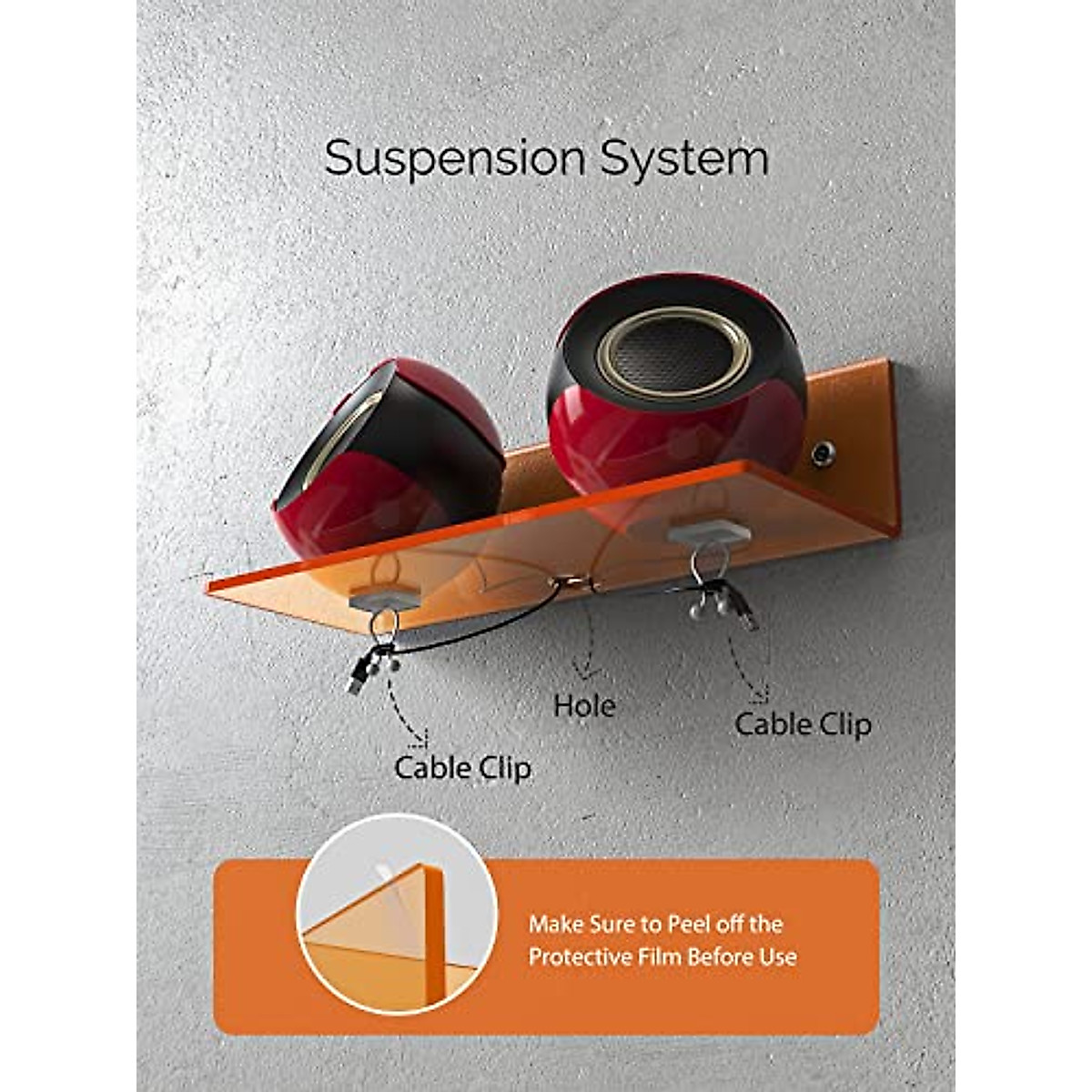 Weronique Floating Shelves Small Acrylic Shelf with 2 Installations Wall Mounted Thicker Display Shelves Set of 2 for Smart Speaker/Action Figures/Security Camera, with Cable Clips, Neon Orange
