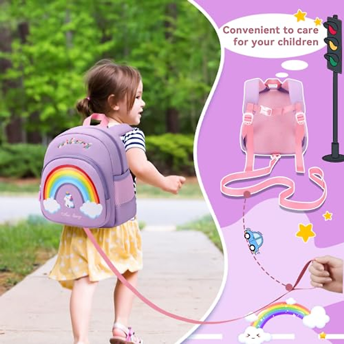 MUSEVOS Rainbow Toddler Backpack for Kids 1-3 Years Old, Mini Toddler Backpack Boys 2-3 Year Old Girls, Small Neoprene Preschool Backpack for Kids with Anti-lost Safety Leash for Daycare Outdoor