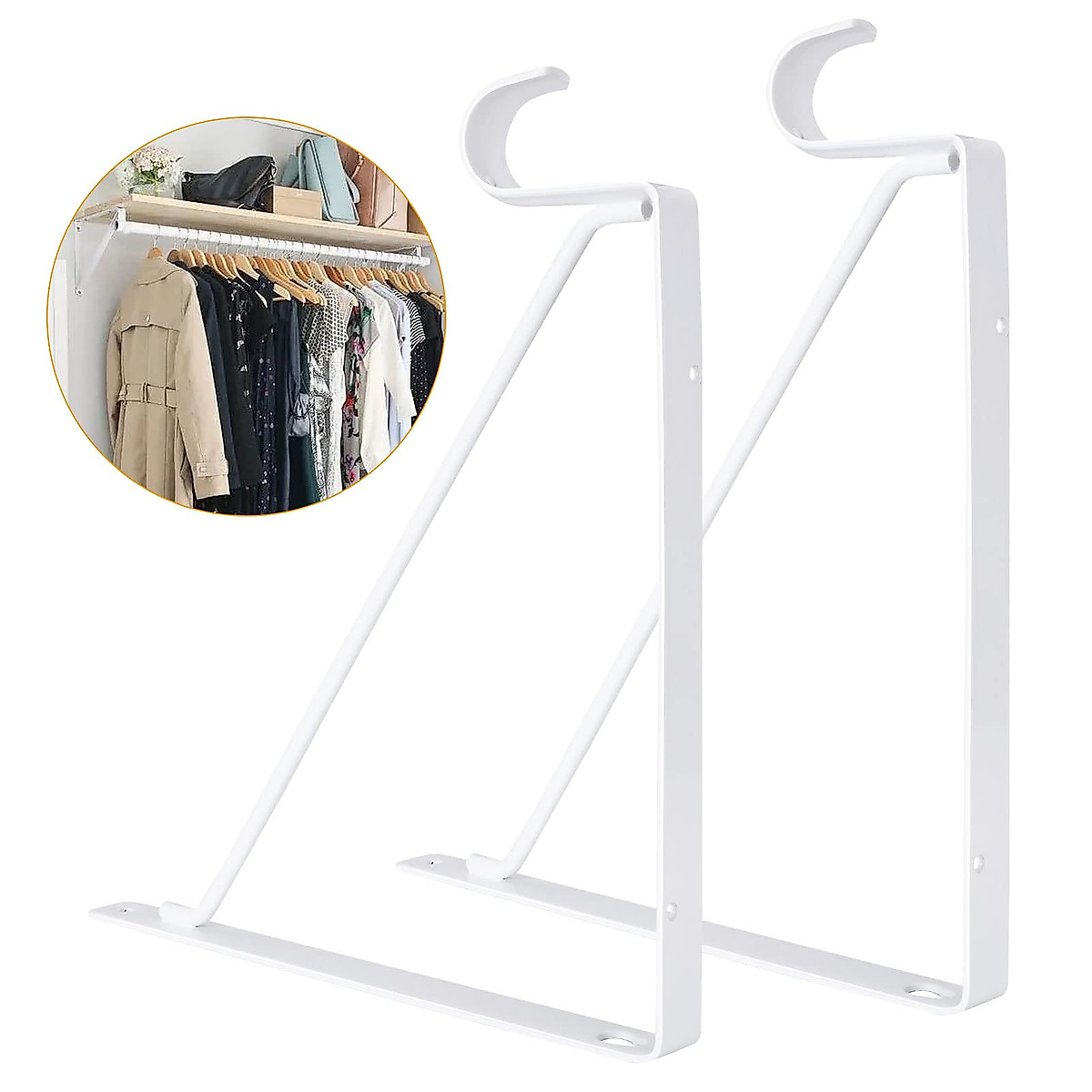 2 Pack Heavy Duty Closet Rod Brackets Holder 11 x 11 x 1 Inch, White Closet Rod Support Bracket Steel Closet Rod Holders for Hanging Clothes, Wall Mounted Shelf and Rod Support Brackets with Screws