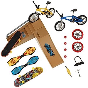ideallife Skate Park Kit, Mini Finger Toys Set Finger Skateboards Finger Bikes Tiny Swing Board with Replacement Wheels and Tools (17 Pcs)