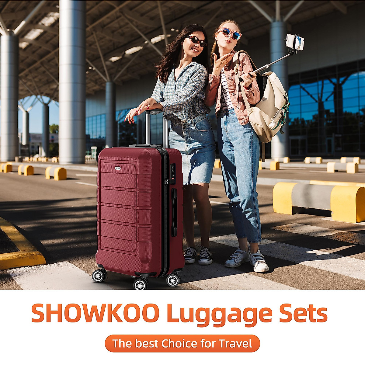 SHOWKOO Luggage Sets Expandable PC+ABS Durable Suitcase Double Wheels TSA Lock 3pcs Red Wine