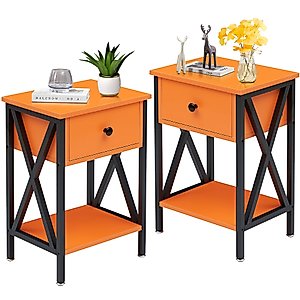 VECELO Nightstands Set of 2, Modern Bedside End Tables, Night Stands with Drawer and Storage Shelf for Living Room Bedroom, Industrial Metal Frame