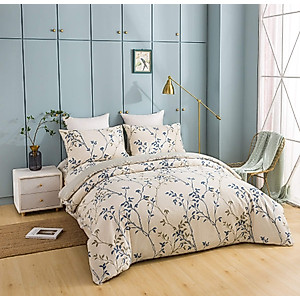 Tache Elegant Leaf Vine Nature Earthy Floral Neutral Cream Beige Tan Blue Breathable Poplin Cotton Zipper Duvet Cover, King