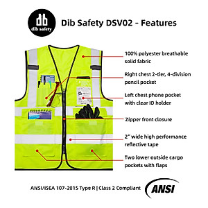 Dib Safety Vest Reflective ANSI Class 2, High Visibility Vest with Pockets and Zipper, Construction Work Vest Hi Vis Yellow M