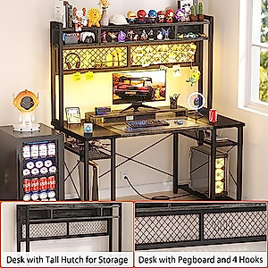 armocity 2023 Upgrade Gaming Desk with Hutch, 48'' Magic Computer Desk with LED Lights and Outlets, Reversible Workstation Desk with Pegboard and Monitor Stand, 48 Gamer Desk PC Table, Grey and Black