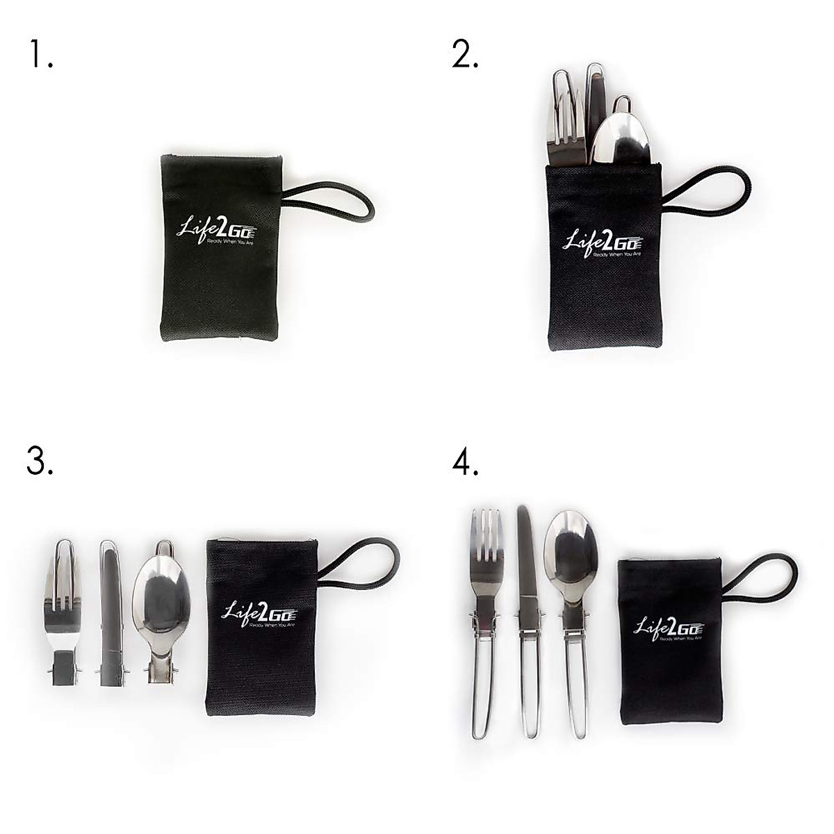 Life 2 Go 3 Pcs Camp Cooking Utensil Set & Outdoor Kitchen Gear Cookware Kit, Portable Compact Carry Case for Camping, Hiking, Travel, BBQ GrillinG Stainless Steel Accessories Spoon & Fork, Black