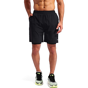 Pudolla Men’s 2 in 1 Running Shorts 7" Quick Dry Gym Athletic Workout Shorts for Men with Phone Pockets(Black Large)