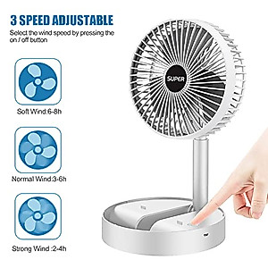 Maelifu Portable Folding Fan 3 Speeds, Stretchable Wall Mount Fan with 180 ° Adjustment Battery Powered or USB Powered, Portable Fan for Traveling Camping Home Beach Bedroom (White)