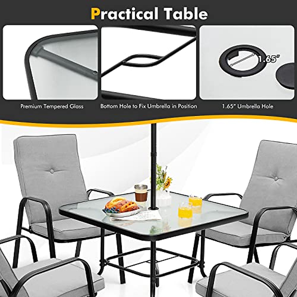 Tangkula 5 Piece Patio Dining Set, Outdoor 35 Inches Square Tempered Glass Table with 1.65 Inches Umbrella Hole and 4 Stackable Dining Cushioned Chairs, Suitable for Poolside, Backyard, Garden