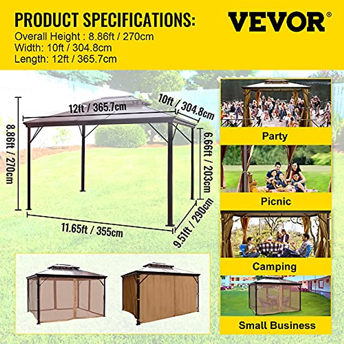 Happybuy Patio Gazebo, 10’ x 12’ Outdoor Gazebo Canopy, Patio Canopy w/Double PVC Plastic Roof, Aluminum Frame with Curtains and Netting, Shelter for Patios, Backyard, Outdoor Lawn