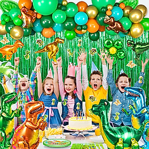 HJINGY Dinosaur Party Decorations, Dinosaur Birthday Party Supplies for kids Include Dinosaur Foil Balloons, HAPPY BIRTHDAY Banner, Cake Toppers, Plates, Napkins, Curtains&Customized Tablecloth
