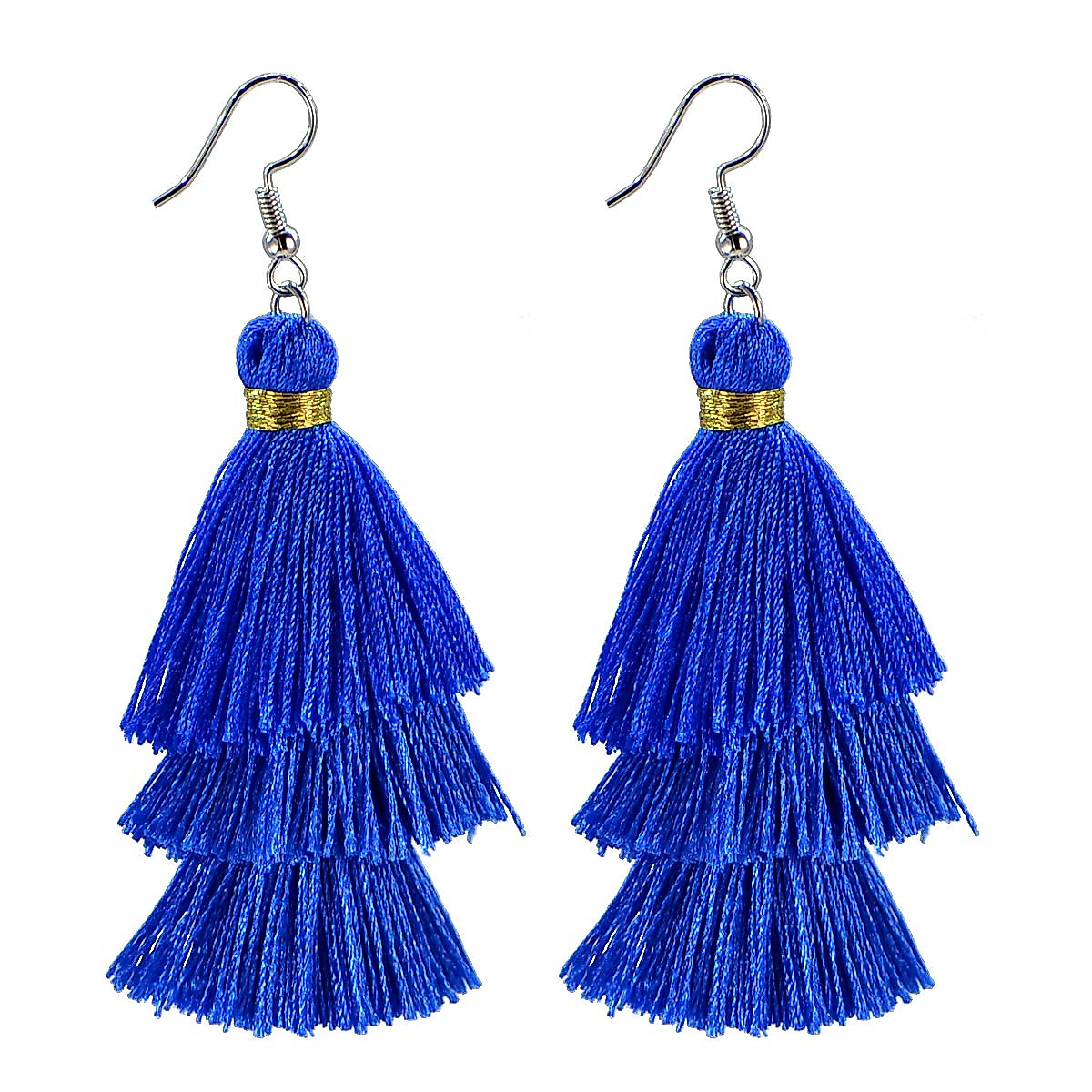 AD Beads Fashion Charm Crystal Silk Tassel 3 Layers Fan Fringe Dangle Earrings (16 Royal Blue)