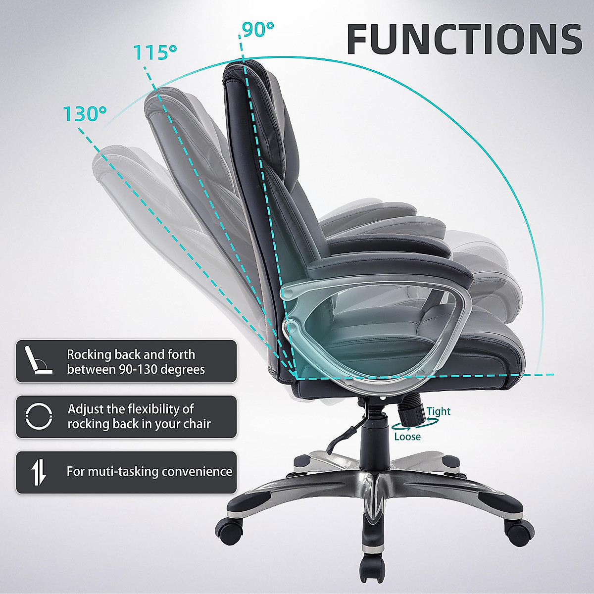 ICOMOCH Modern Soft Leather Ergonomic Executive Computer Boss Padding Armrest Swivel Desk Office Chair, Large, Black