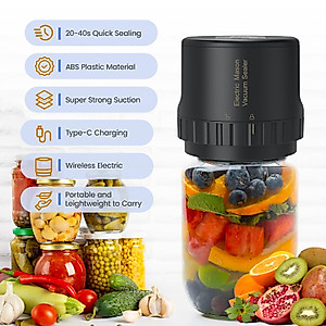 Electric Mason Jar Vacuum Sealer - Jar Vacuum Sealer Kit for Mason Jars with Wide & Regular Mouth for Food Storage, Vacuum Sealing Machine, Multifunctional All-in-One Cordless Canning Vacuum Sealer