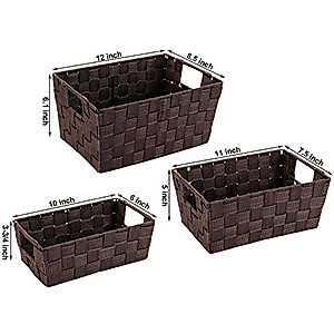 Nicunom 3 Pack Woven Baskets, 3 Size Woven Strap Storage Basket Bin Container, Nylon Stackable Shelf Organizer Set for Home, Office, Laundry, Closet, Built-in Carry Handles, Brown
