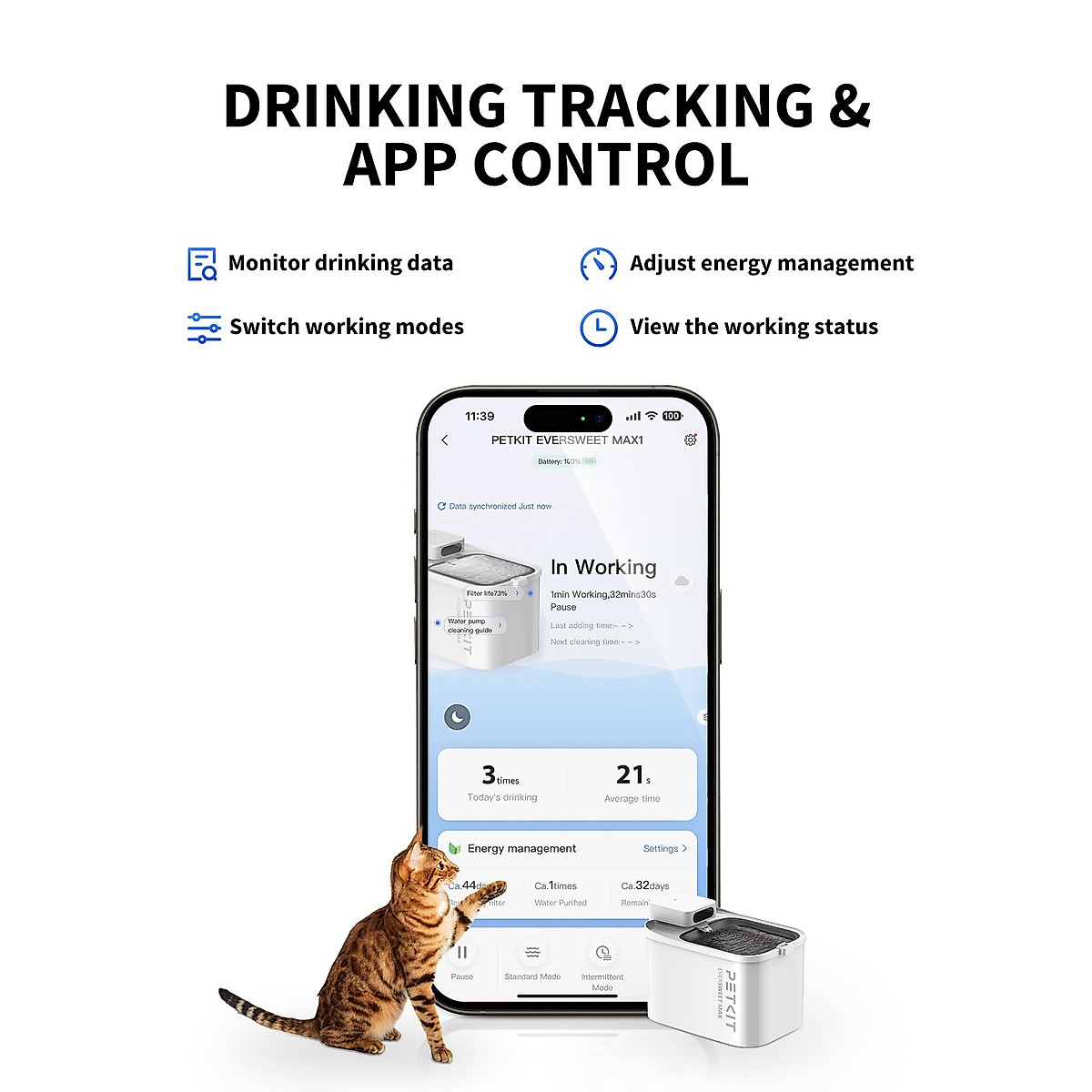 PETKIT EVERSWEET MAX Cordless Cat Water Fountain, 105 fl oz/3L Pet Water Fountain for Cats Dogs Inside, Automatic Cat Water Dispenser with Replacement Filter, App Control