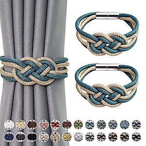 NICEEC 2 Pack Strong Magnetic Curtain Tiebacks Upgrade Nordic Simple Style Drape Tie Backs Double Color Weave Rope Knot Decorative Curtain Holdbacks for Home & Office Window Drapery (Teal & Beige)