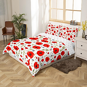 Feelyou Red Poppy Bedding Duvet Cover Set King Size Floral Flower Blossom Printed Bedding Set for Kids Boys Botanical Branches Comforter Cover Set Spring Garden Bedspread Cover,No Comforter
