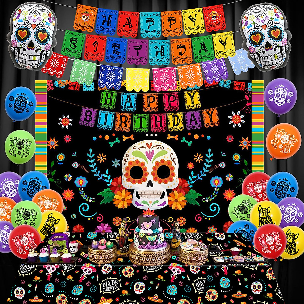 Fangleland Day of The Dead Theme Birthday Party Decorations for Boy Girl - Dia De Los Muertos Bday Celebration Party Supplies Balloons Banner Tablecloth Sugar Skull Mexican Backdrop