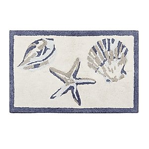 Madison Park Bayside 100% Cotton Tufted Non-Slip Absorbent Ultra Soft Seashells Beach Style Bath Mat Bathroom Rugs, 21X34" Inches, Blue, 1 Piece