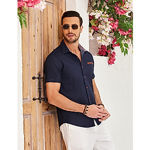 COOFANDY Mens Slim Fit Short Sleeve Button Down Shirts Summer Denim Shirt, Navy Blue, X-Large