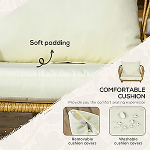 Outsunny 3 Piece Bistro Set with Cushions, Outdoor PE Rattan Wicker Patio Rocking Chair with 2 Porch Rocker Chairs, Glass Top Coffee Table Patio Conversation Set, Cream White