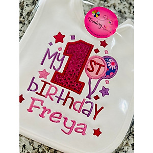 Fantasy Kids Designs First Birthday Baby Girl Bib Balloons Personalized with Custom Name (White Bib/Hot Pink)