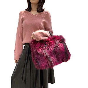 KAISHIN Women Full-pelt Fox Fur Shoulder Bags Ladies Genuine Cowhide Hard Handle Extra Large Handbags Rose