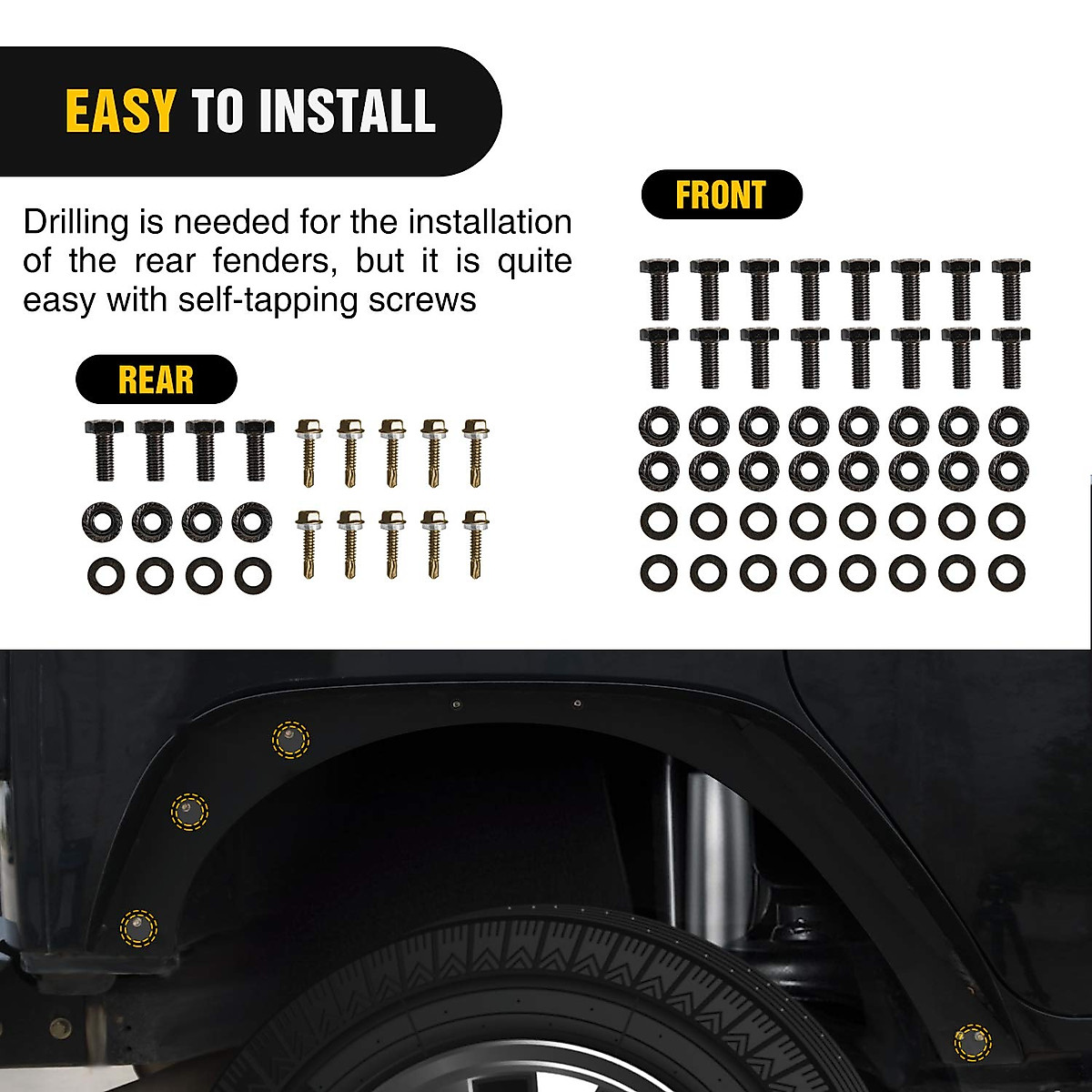 Nilight Off-Road Fender Flares Kit Compatible with 2007-2018 Wrangler JK (2/4 Doors) Heavy-Duty Solid Steel Black Textured Fenders for Unlimited JK Front & Rear Flat-4pcs,2 Years Warranty (JK-63D)