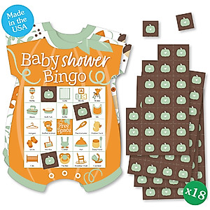 Big Dot of Happiness Little Pumpkin Baby Shower Decorations, Fall Baby Shower Games, Picture Bingo Cards and Markers, Fall Baby Shower Shaped Bingo Game - Set of 18