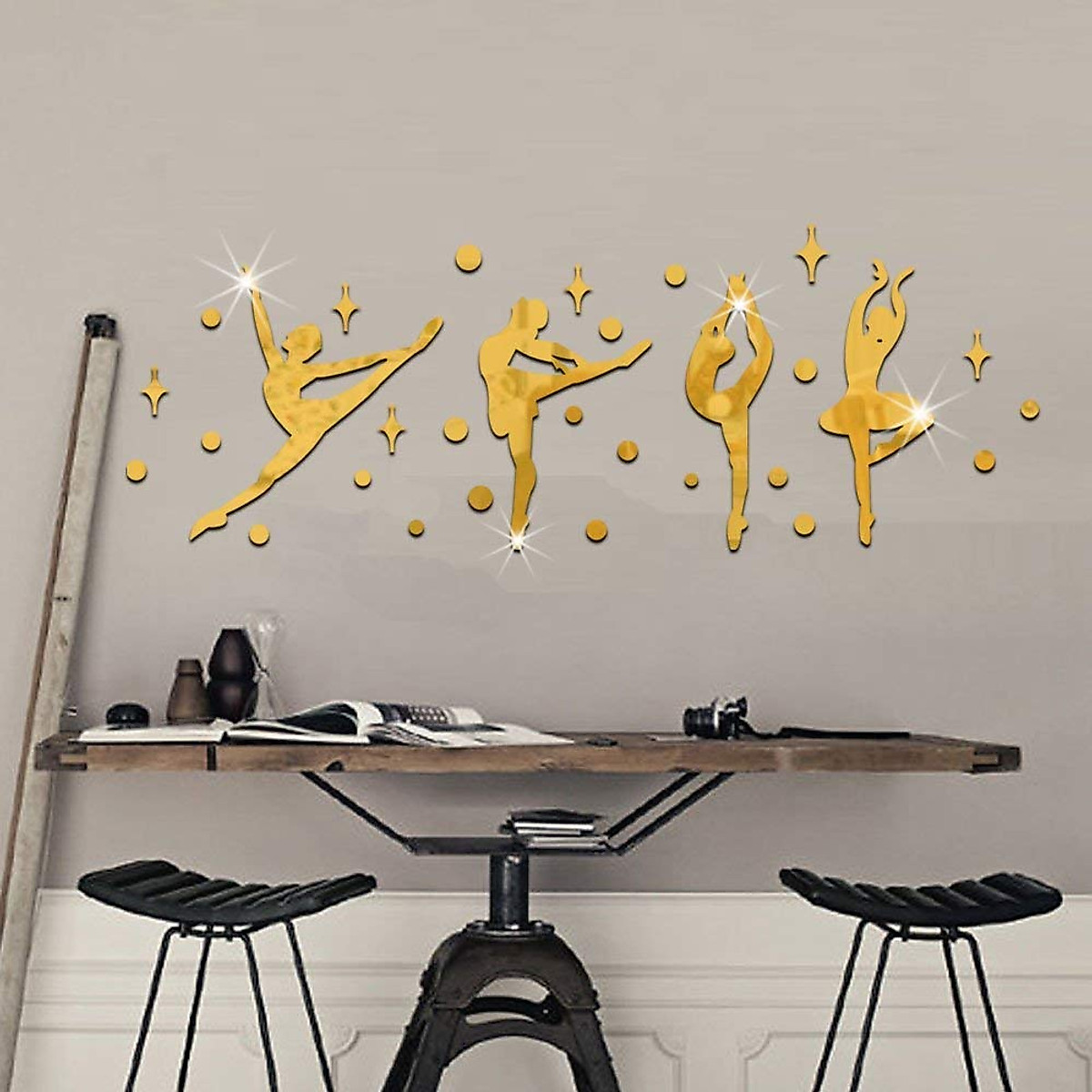 QISHENG Ballet Girl Mirror Dance Classroom Baby Girl's Room Bedroom Wall Stickers 39.4x14.2" (Gold)