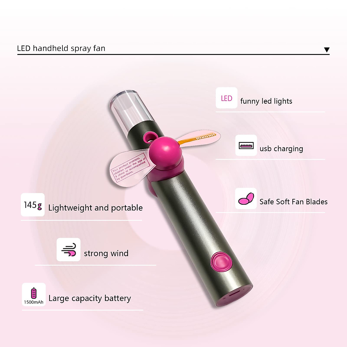 KALAWA Handheld Fan Portable Misting Fan, 3 in 1 Mini Portable Fan, Rechargeable Personal Fan with LED Light Nightlight, Battery Operated Spray Water Fan for Travel, Office, Outdoor