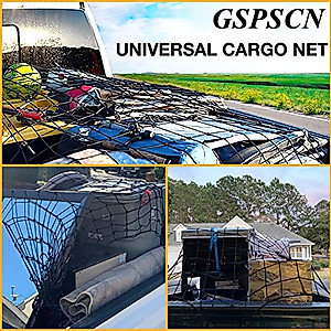 GSPSCN Cargo Net 4' x 6' for Truck Pickup Bed, Trailer ,Boat ,RV SUV Stretches to 11'x17' Max Roof Rack Net ,Small 4”x4” Mesh Heavy Duty Bungee Cord Net Compatible with Dodge Ram,Chevy Ford,Toyota