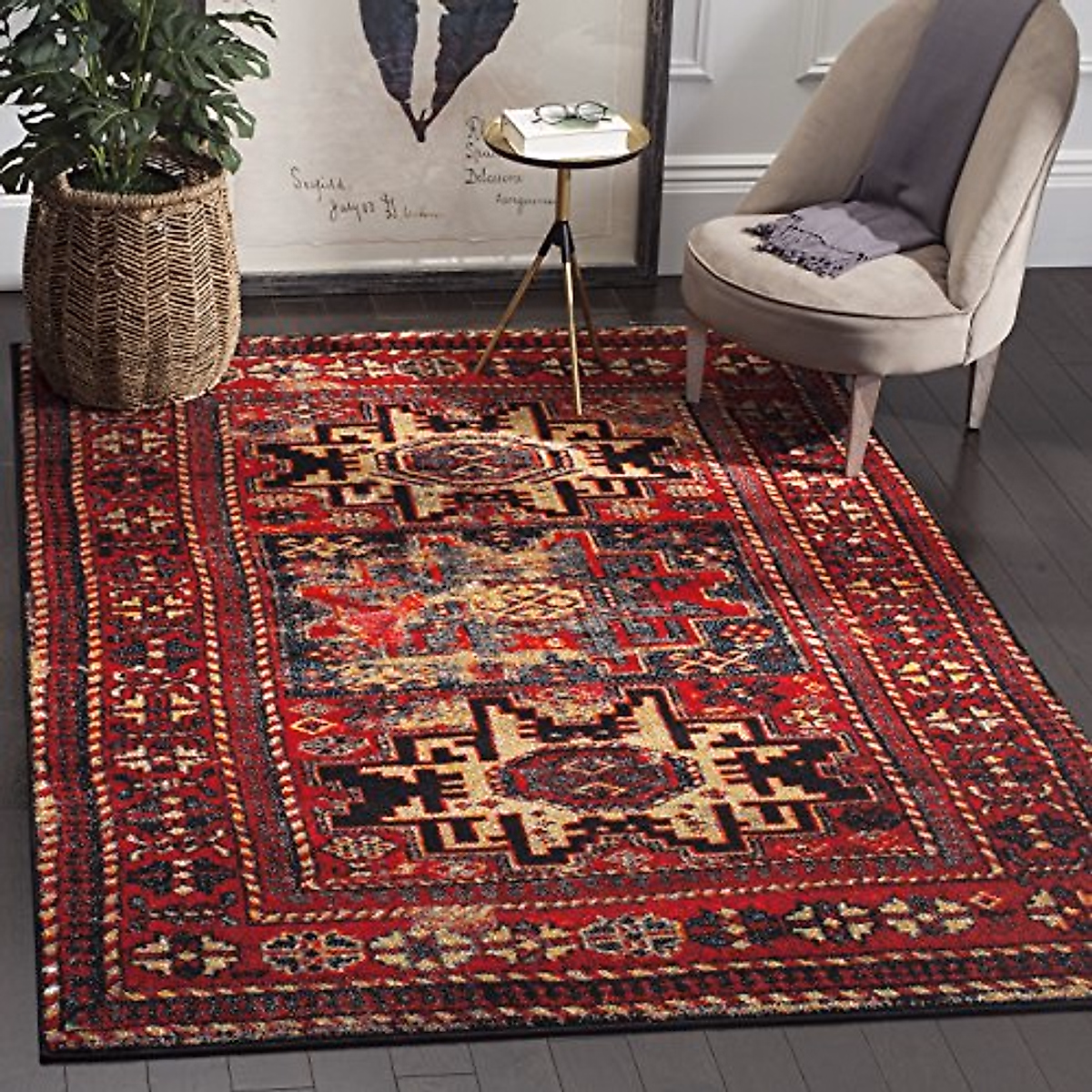 SAFAVIEH Vintage Hamadan Collection Area Rug - 6'7" x 9', Red & Multi, Oriental Traditional Persian Design, Non-Shedding & Easy Care, Ideal for High Traffic Areas in Living Room, Bedroom (VTH213A)