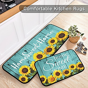 Teal Turquoise Kitchen Rugs and Mats Set of 2 Non Slip Sunflower Kitchen Floor Mats Comfort Standing Desk Mat for Doormat Bathroom Bedroom Runner Area Rug for Home Decor Washable